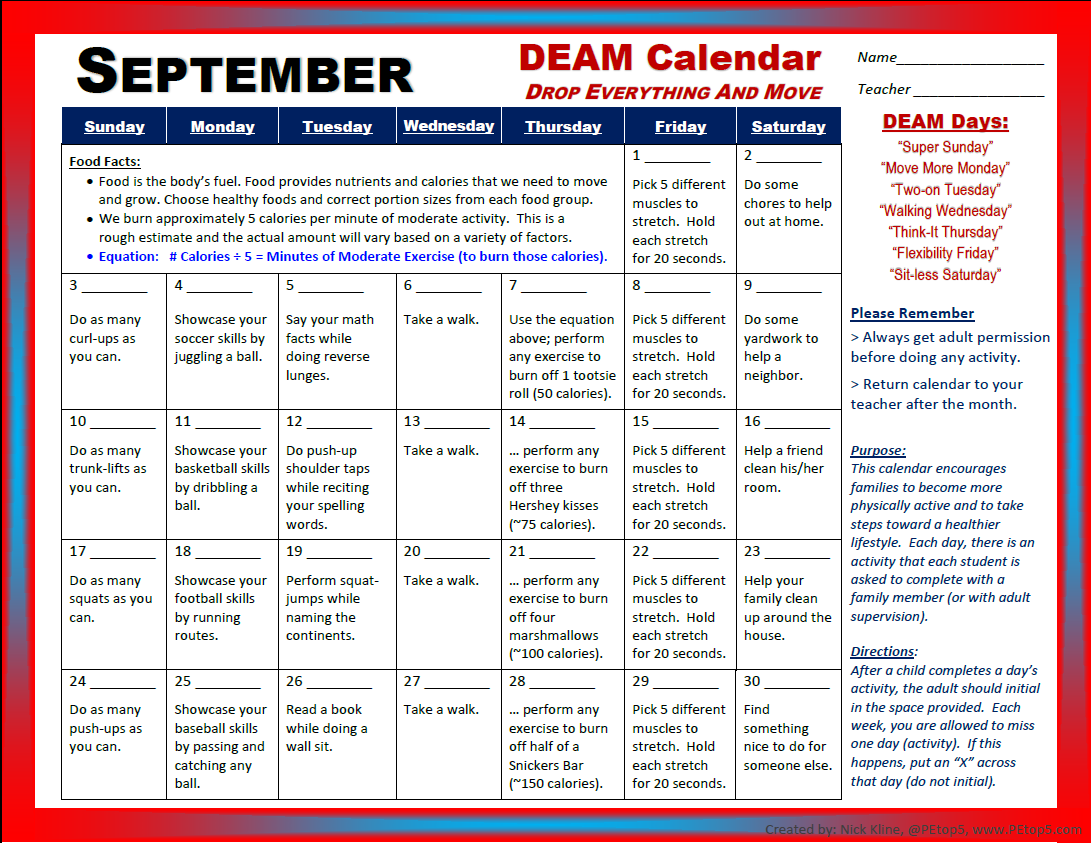DEAM Calendar (September) | pe top 5