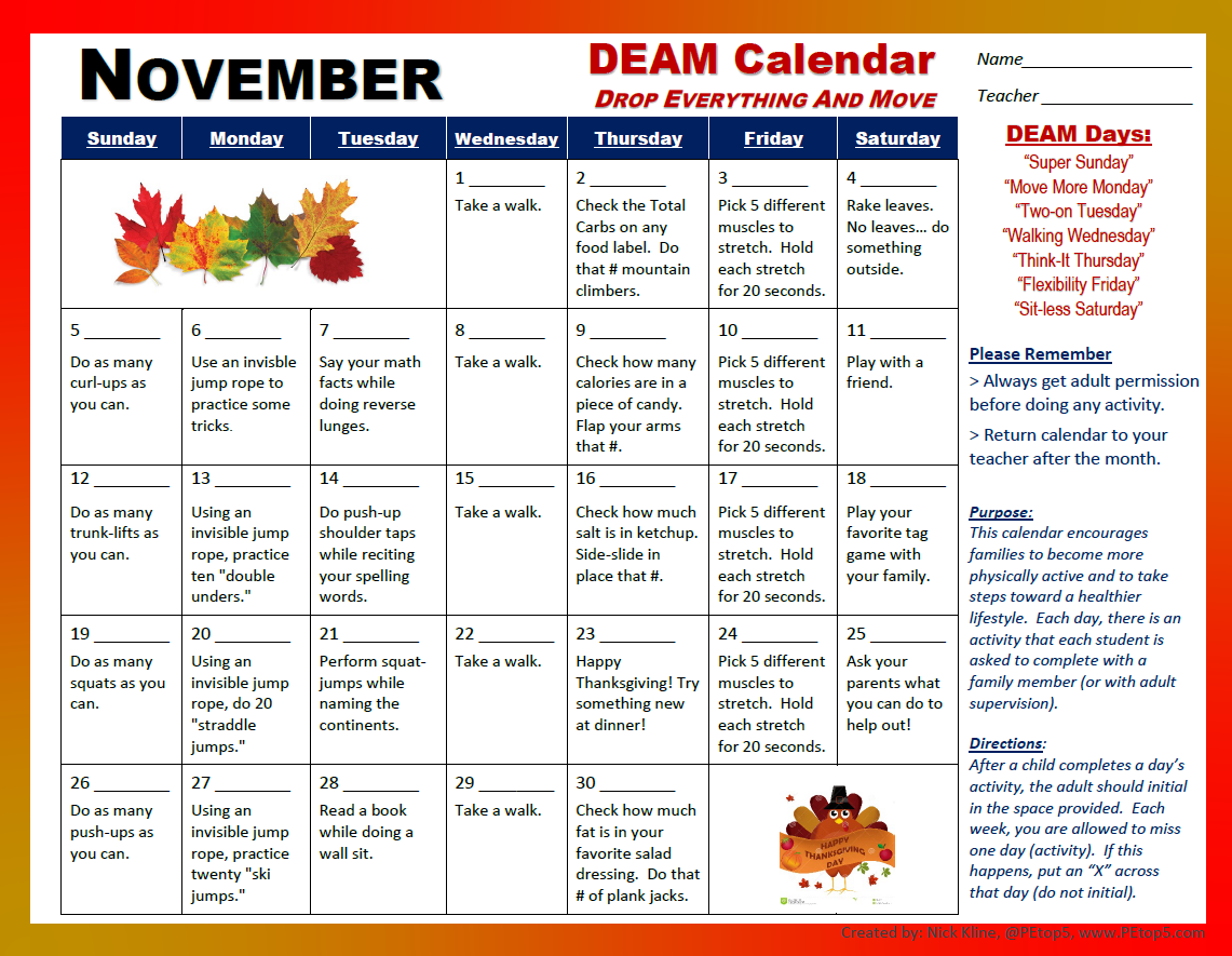 November’s DEAM Calendar | pe top 5