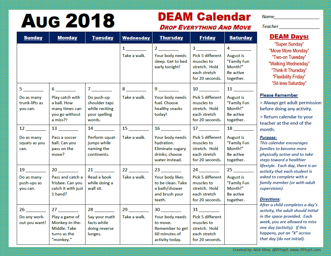 August DEAM Calendar | pe top 5